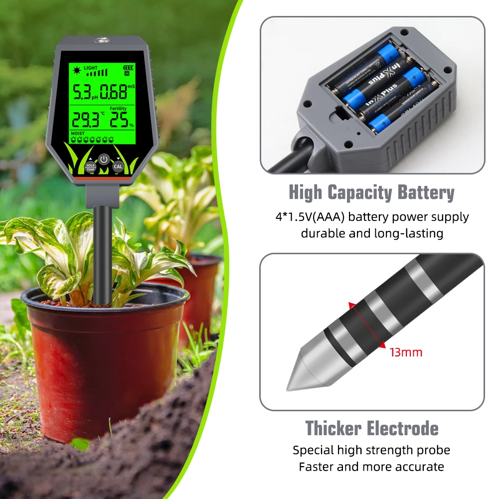 6-in-1 Digital tester for soil and liquids - pH, EC, light, moisture ...