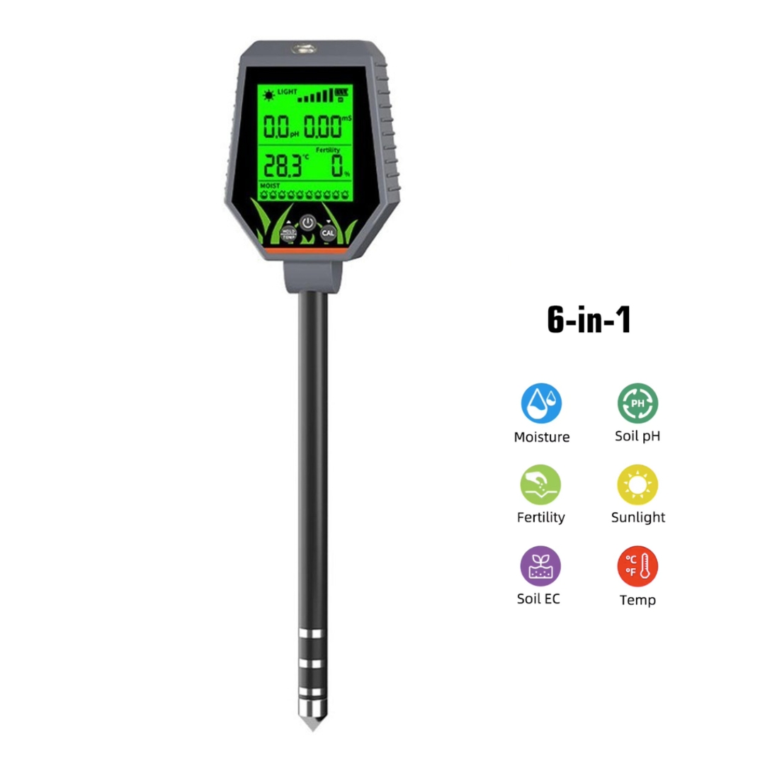 6-in-1 Digital tester for soil and liquids - pH, EC, light, moisture ...